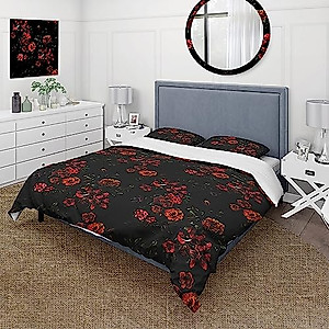 DESIGN ART Designart 'Grunge Red Summer Flowers On Black' Traditional Duvet Cover Set King