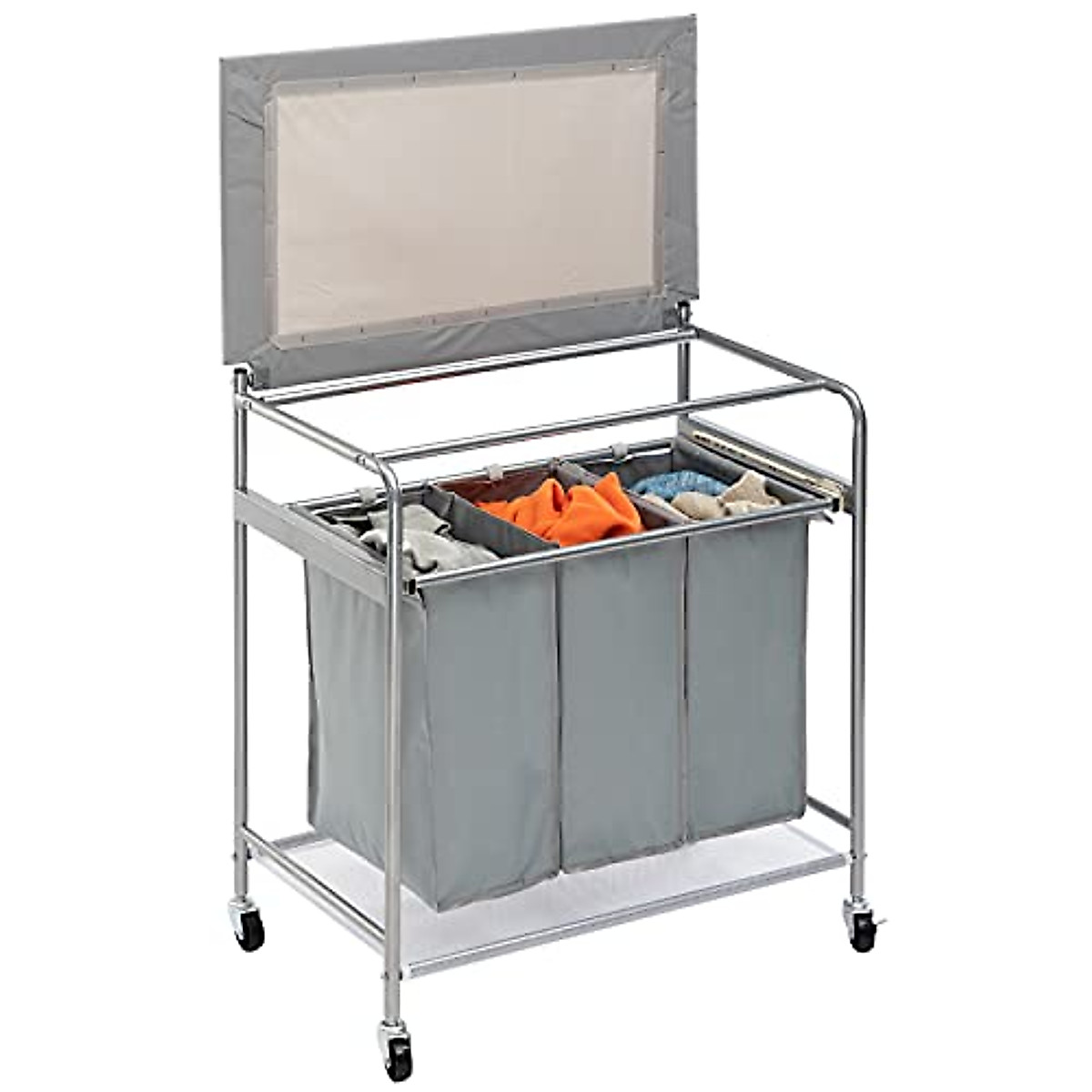 PARANTA Laundry Sorter Cart with Ironing Board Side pull 3-Bag Heavy-Duty 4 Wheels Laundry Hamper Light Grey