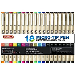 Shuttle Art 18 Pack Micro-line Pens, Waterproof Archival Ink, 11 Colors in 0.3MM Felt Tip & 7 Blacks in Sizes 0.15MM to 0.5MM Multiliner For Journaling Technical Illustrating Drawing Manga Zentangle