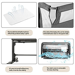 Kinder King Baby Bassinet w/Wheels, Folding Portable Newborn Bedside Sleeper, All-Sided Mesh Infant Crib, Adjustable Height/Angle, Removable Soft Mattress, No Tool to Assemble, Grey