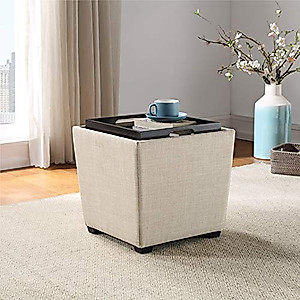 OSP Home Furnishings Ave Six Rockford Square Storage Ottoman with Padded Upholstery and Hidden Serving Tray, Cream Fabric