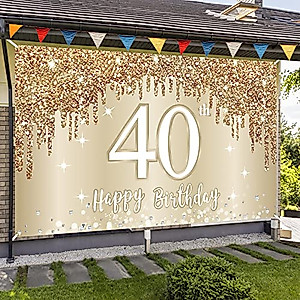 Happy 40th Birthday Banner Backdrop Decorations for Women, Gold White 40 Birthday Sign Party Supplies, Forty Year Old Birthday Photo Booth Background Poster Decor(72.8 x 43.3 Inch)