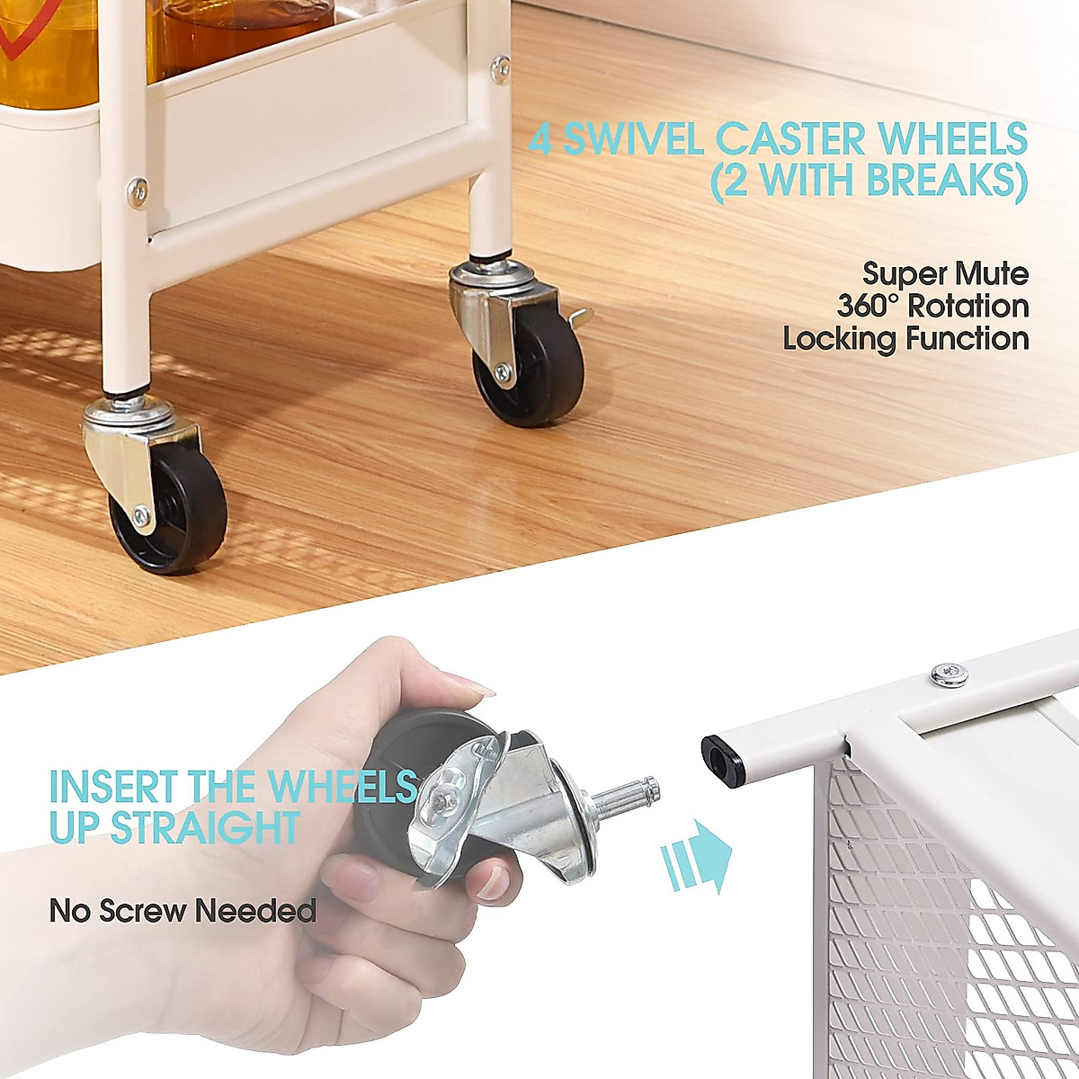 TOOLF 3-Tier Rolling Cart, Metal Utility Storage Cart with DIY Pegboards, Art Craft Trolley with Baskets Hooks, Organizer Serving Cart Easy Assemble for Office, Home, Kitchen, Classroom, White