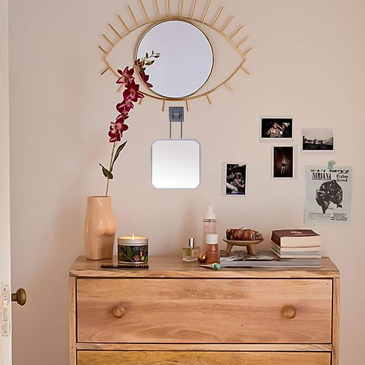 YEAKE Hand Mirror with Handheld Metal Stand, Table Desk Makeup Mirror Portable Travel for Multi-Hanging Wall Mirror On Bathroom Shower Shaving(Square)