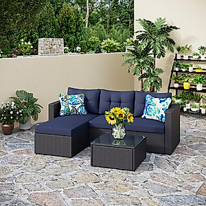 PHI VILLA Outdoor Patio Conversation Set Rattan Sectional Sofa- Small Wicker Patio Furniture Bistro Set 3-Piece, Blue
