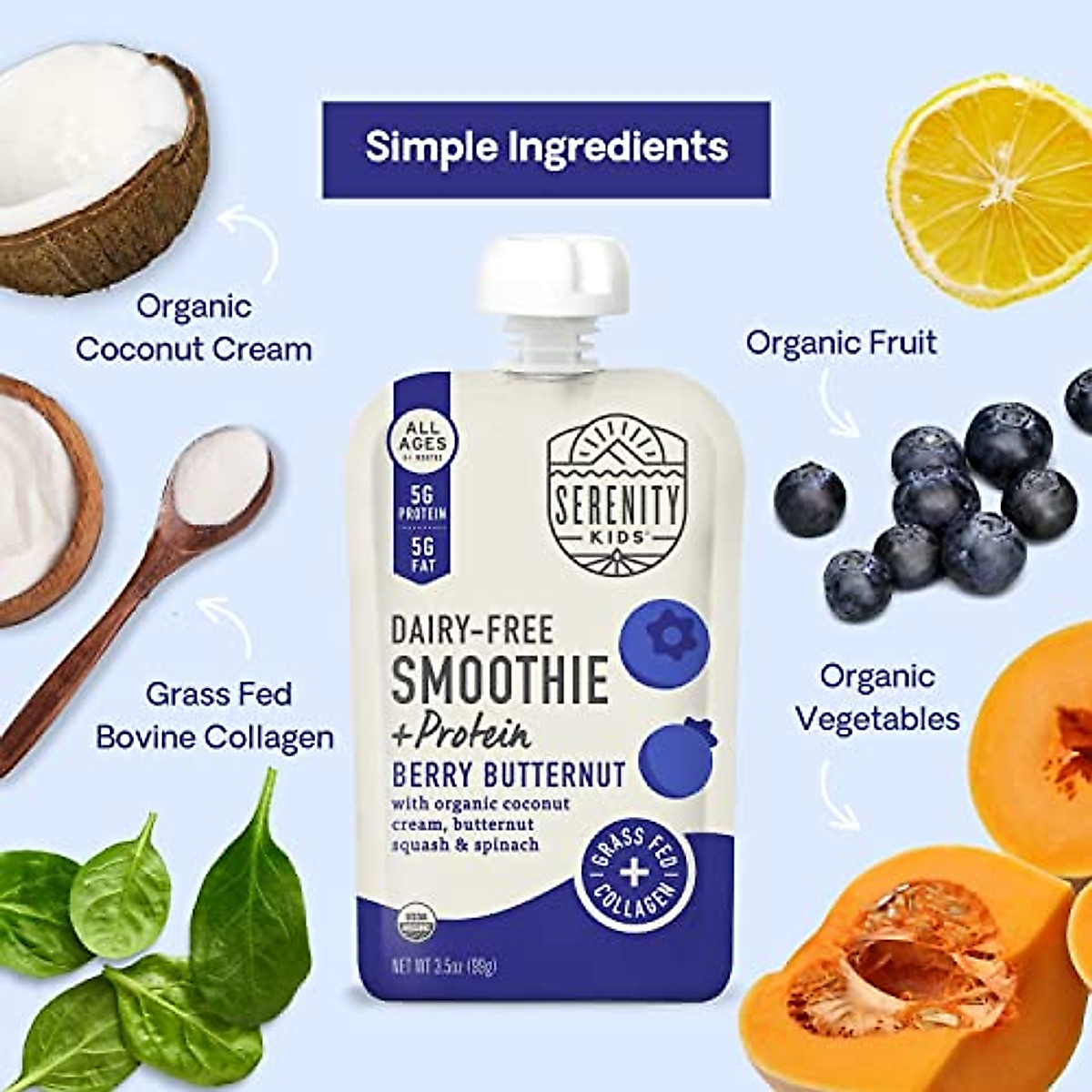 Serenity Kids 6+ Months Dairy-Free Smoothie Baby Food | USDA Organic | Grass Fed Collagen Protein | 3.5 Ounce BPA-Free Pouch | Berry Butternut | 6 Count