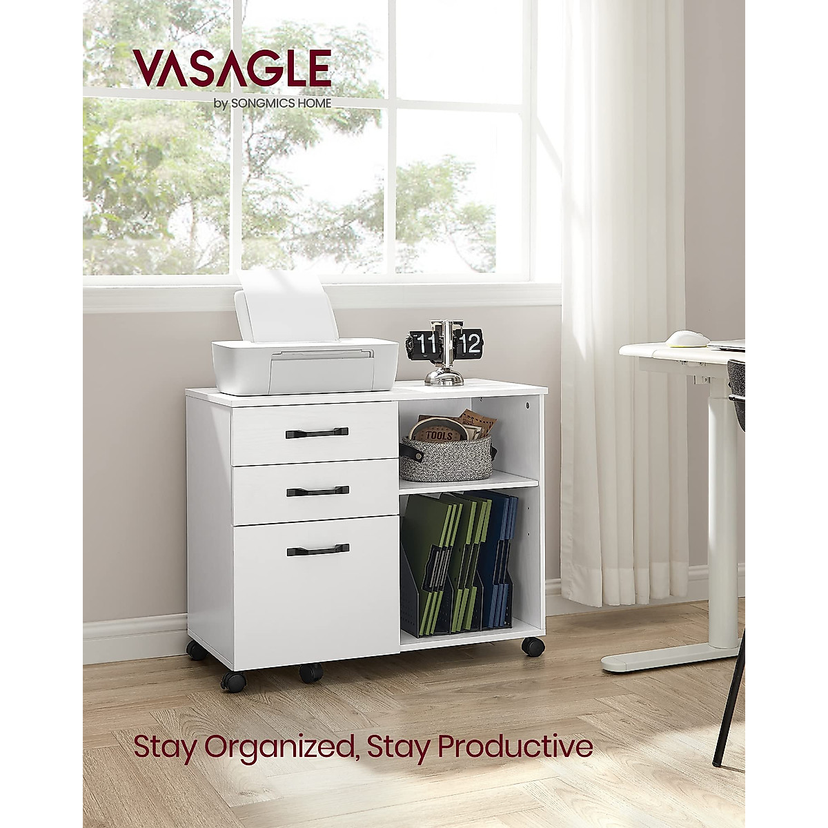 VASAGLE Lateral File Cabinet, Home Office Printer Stand, 3-Drawer Mobile Filing Cabinet with Open Storage Shelves, for A4, Letter-Size Files, White with Wood Grain UOFC041W46