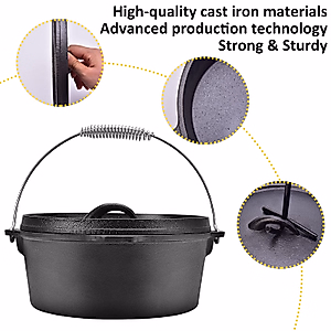 6.5 Quart Cast Iron Dutch Oven Pre-seasoned Pot with Lid Lifter Handle, Casserole Pot with Lid Lifter for Camping Cooking BBQ Baking