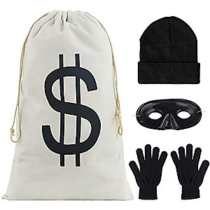 Auihiay 4 Pieces Robber Costume Set Include Canvas Dollar Sign Money Bag Bandit Eye Mask Knit Beanie Cap Gloves for Halloween Cosplay Burglar Theme Party