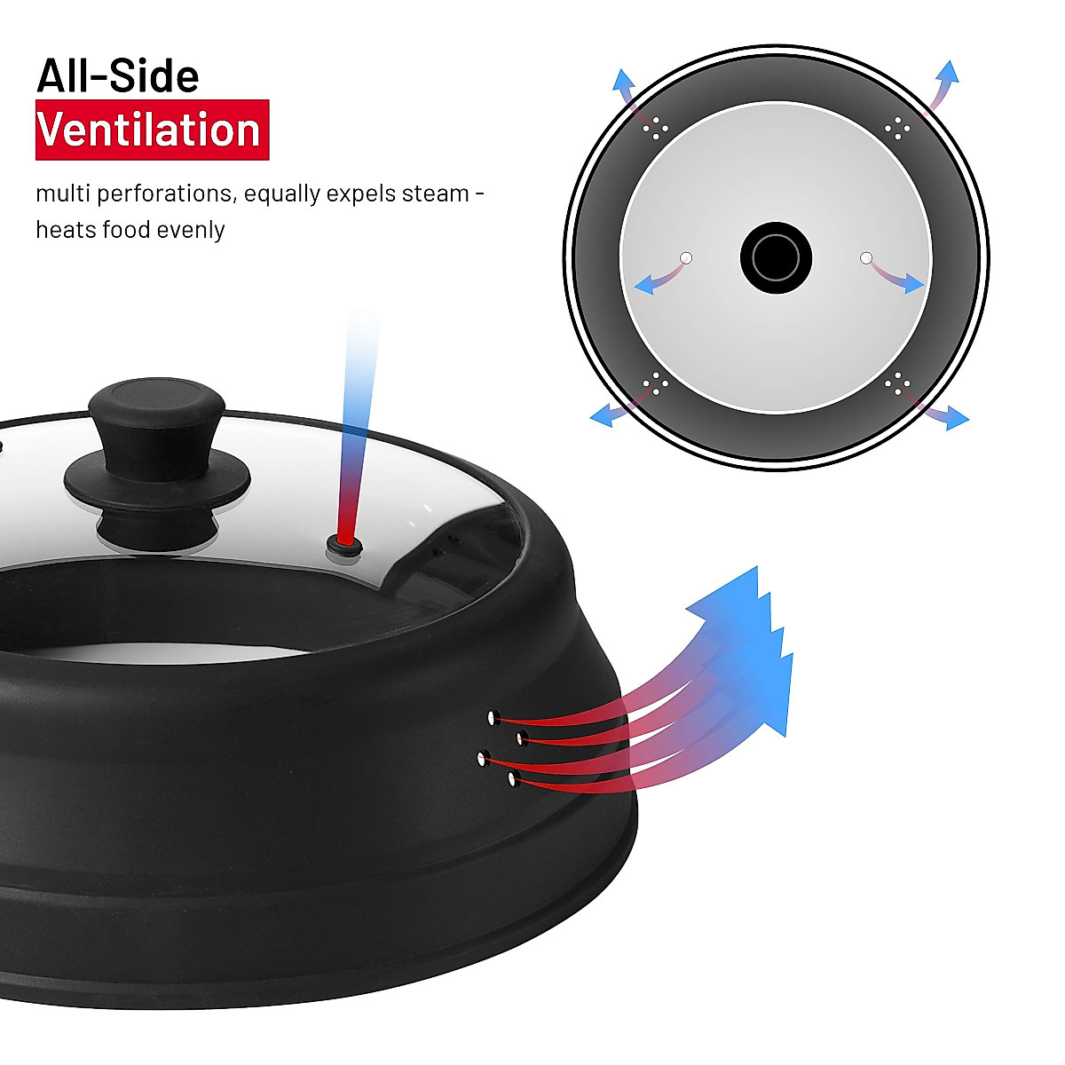 Bezrat Vented, 12-inch Collapsible Microwave Plate Cover for Food, Black - Silicone and Glass Splatter Guard Lid - Fits Plates, Bowls and Meal Prep Containers up to 11.8 x 4 Inch (Black)