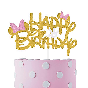 Pink And Gold Glitter Minnie Inspired Happy Birthday Cake Topper with Pink Bows and White Gloves Girls Birthday Party Decorations Supplies