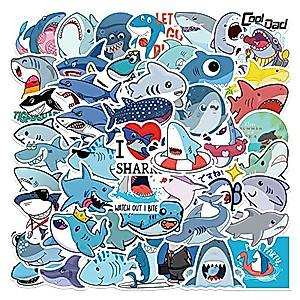 Cute Shark Waterproof Stickers for Kids Boys, 50Pcs Cool Ocean Shark Vinyl Stickers Pack for Water Bottle, Laptop, Scrapbook, Luggage, Skateboard, Guitar Decals, Summer Stickers, Animals Party Favors (Shark)