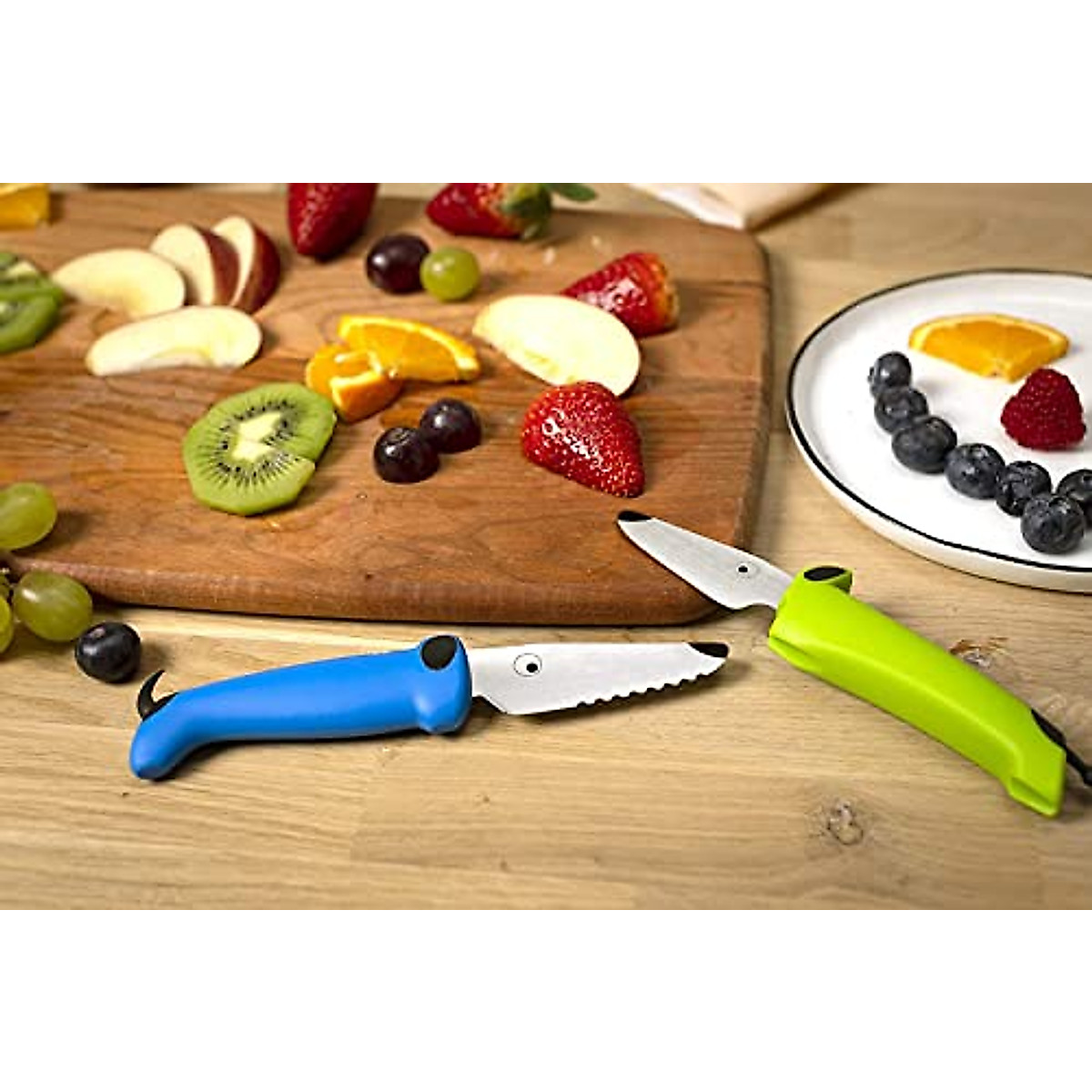 Kuhn Rikon KinderKitchen Children's Knife, Set of 2 - With Straight and Serrated Blade, Green & Blue