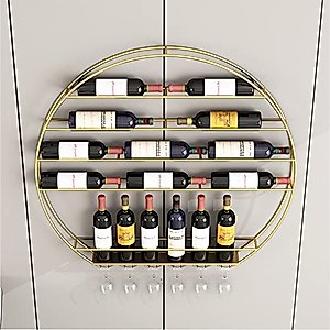 Gold Round Wall-Mounte Wine Rack ， Bar Restaurant Kitchen Wine Bottle Storage Shelf ，Hanging Wine Glass Holder Suspended Stemware Floating Organizer Shelves