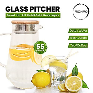 Richro Glass Pitcher with Lid - Elegant Glass Water Carafe with Lid - Durable & Sturdy Glass Water Pitcher - 55 Oz Heat Resistant Glass Carafe for Hot/Cold Beverages, Coffee,Juice, Iced Tea Pitcher,