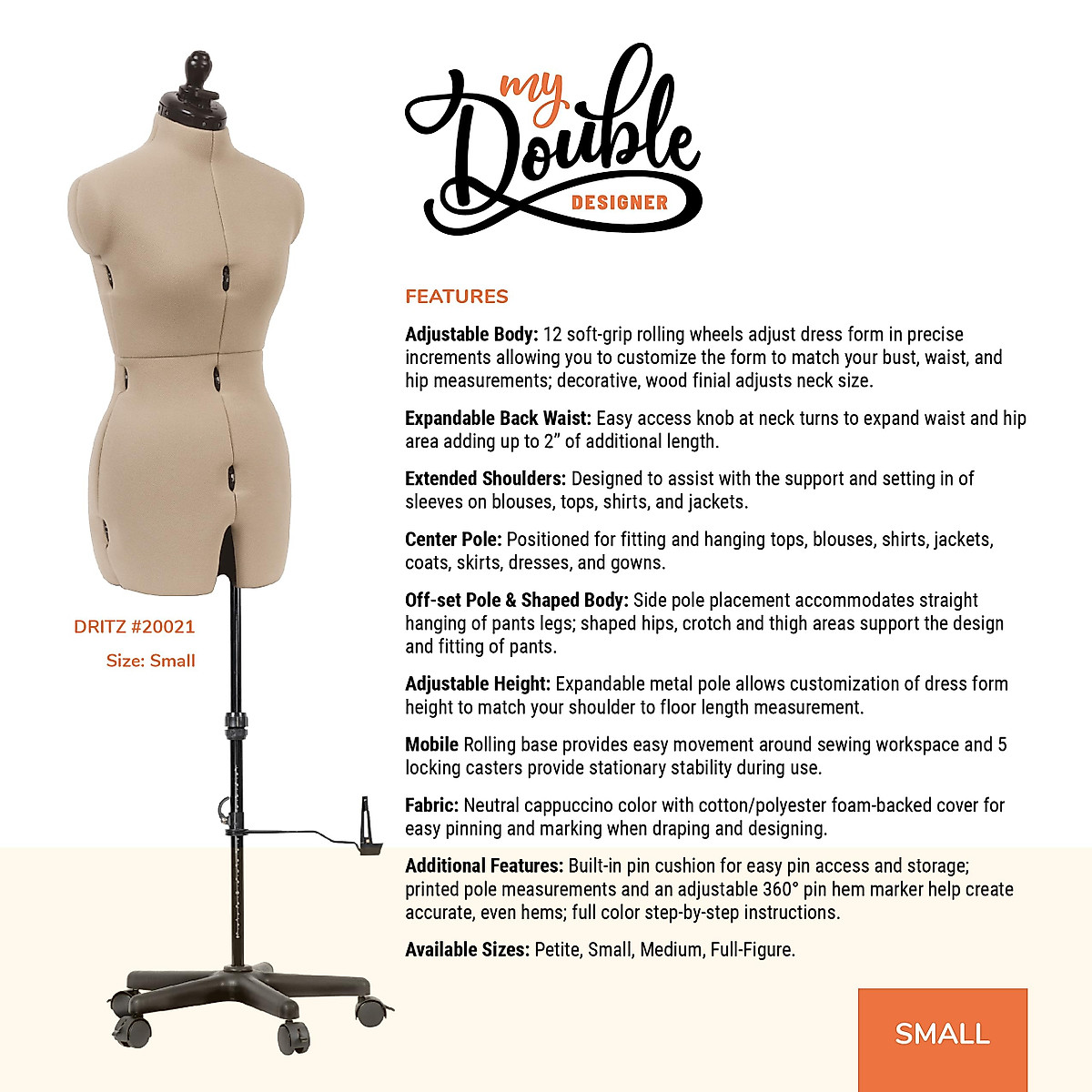 Dritz My Double Designer Adjustable Dress Form, Small