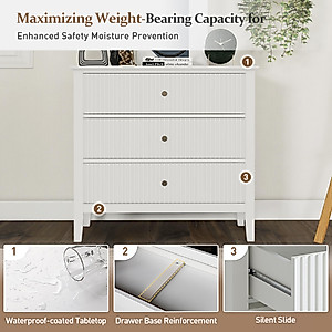RoyalCraft White Fluted 3 Drawer Dresser for Bedroom, Wide Chest of Drawers for Closet, Modern Wood Dresser Wide Nightstand Cabinet for Living Room