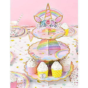 Unicorn Cupcake Stand - Unicorn Birthday Party Decorations for Girls Kids 3-Tier Cardboard Cupcake Stand Dessert Tower Holder Round Serving Tray Stand Unicorn Horn Theme Baby Shower Party Supplies