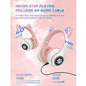 VuyKoo Kids Headphones with Microphone/RGB LED Light Up, Cat Ear Bluetooth Headphones 94dB Volume Limiting, Foldable Stereo Over-Ear Headphones for Kids Tablet/School/iPad/Smartphone (Pink)