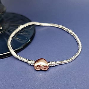 QeenseKc Rose Gold Heart Clasp Snake Chain Bracelet for Women Girls fit European Pandora Style Charm Bead 19cm (BR_Barrel_Heart_Rose_19)