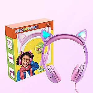 Olyre Kids Headphones, Safe 85db Volume Control Light Up Cat Ear Headphones for iPad Fire Tablet Kindle, On-Ear LED Children Headphones for School Learning Travel - Purple/Pink