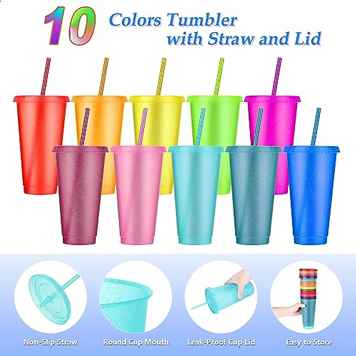 Reusable Cups with Lids and Straws,Glitter Disposable Cups,Tumblers Plastic Iced Coffee Travel Mug Cup for Party Juice Parties Flamingo,Birthday Christmas Party,for Kids Friends Gifts,24 Oz,10 Color
