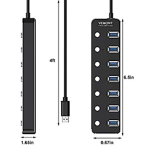 VEMONT USB hub Aluminum USB 3.0 Data Hub with Individual On/Off Switches and LED Lights for Laptop, PC, Computer (4ft/120cm) (7port)