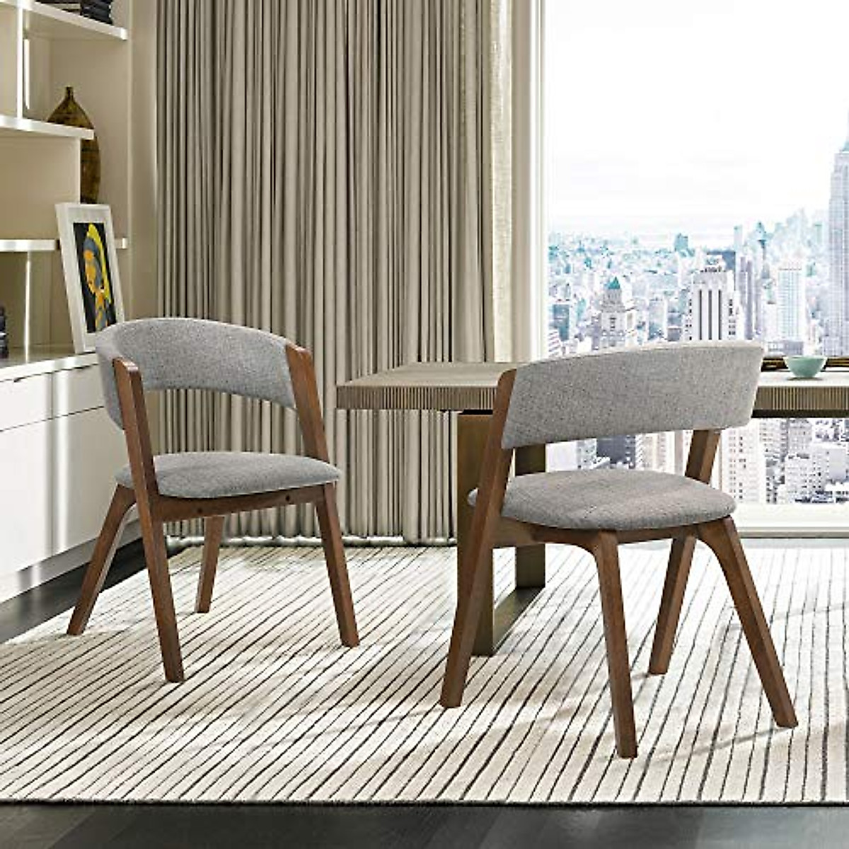 Armen Living Rowan Mid-Century Modern Accent Dining Chair Finish Fabric-Set of 2, 21" Wide, Walnut/Grey