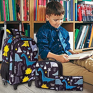 3PCS Kids Rolling Backpack, Boys Roller Wheels Bookbag, Wheeled School Bag with Lunch Bag - Dinosaur