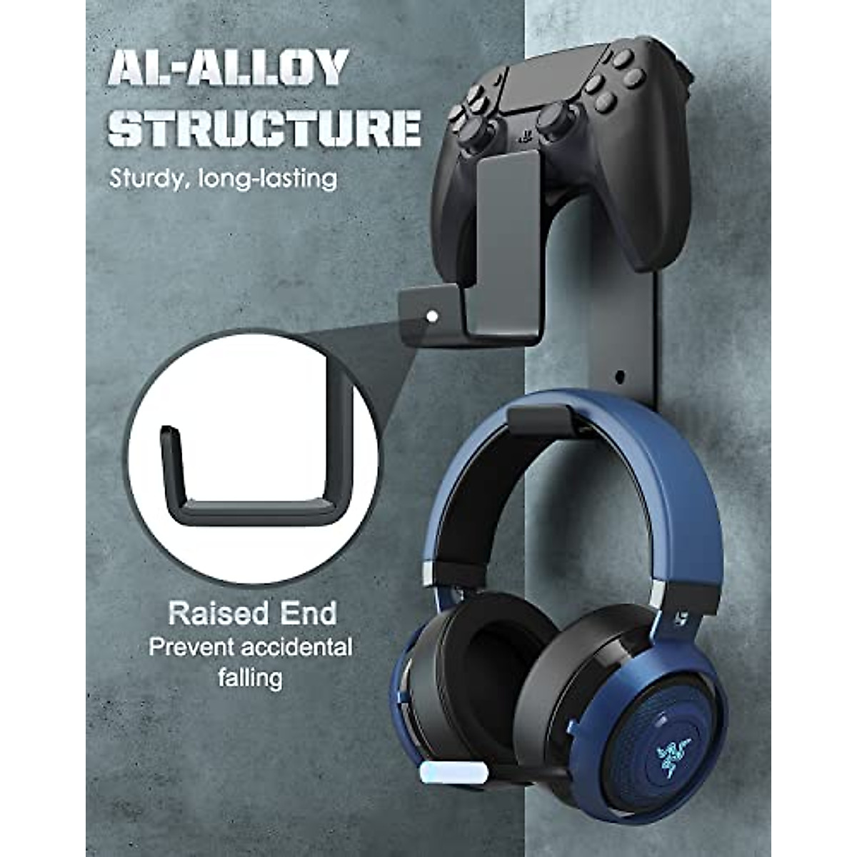 MoKo Controller Holder, Dual Gamepad Controller & Headphone Hanger for Xbox One, Xbox 360, PS3, PS4, PS5, PC, STEAM, Switch丨Wall Mount Stand for All Universal Headsets, Black