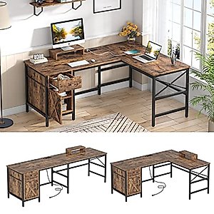 Vagaconl L Shaped Computer Desk, 63 inches Long Home Office Desk with Power Outlet, Reversible Corner Desk with Drawer and Removable Monitor Stand for Home Office Writing Study, Vintage Brown