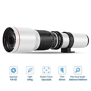 JINTU 500-1000mm f/8 Manual Telephoto Lens + T-Mount for Canon EOS Rebel SL2 SL1 T3 T3i T4i T5 T5i T6 T6i T6s T7 T7i 4000D 6D 7D 60D 70D 77D 80D 5D II/III/IV 550D 650D SLR Camera Lenses