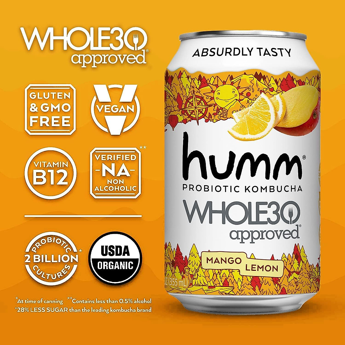 Humm Whole30 Approved Kombucha Variety Pack - Mango Lemon, Mixed Berry, Strawberry Blossom - Organic, Vegan & GMO-Free (12 Pack)