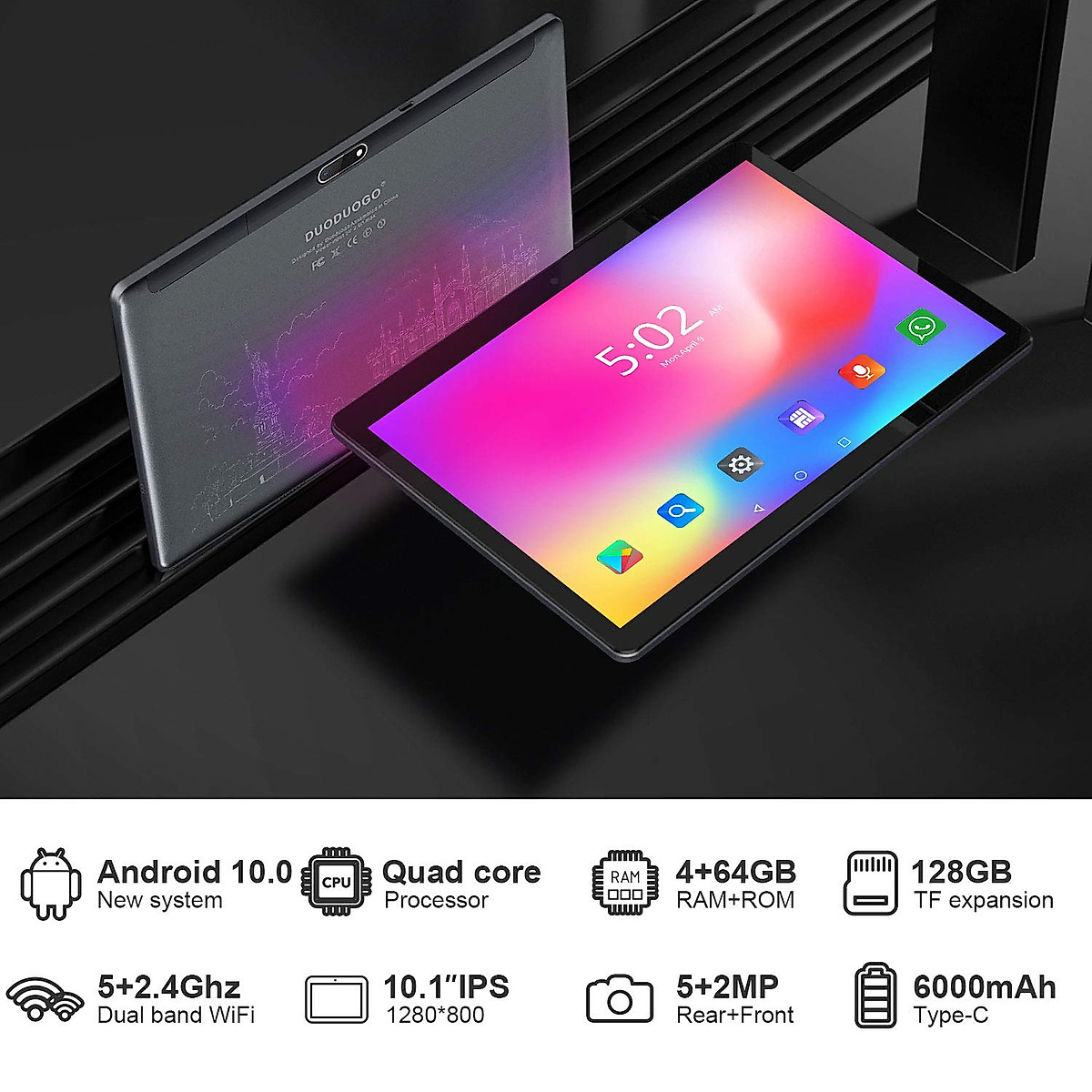 DUODUOGO Android Tablet 10 inch Newest Quad-Core Processor, 64GB+4GB 128GB Expandable, 5G/2.4G Dual WiFi, Android 10 Tablet Dual Camera 6000mAh Bluetooth FM, Gray