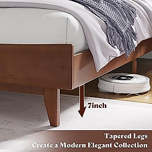 VanAcc Queen Size Solid Wood Bed Frame, Mid Century Platform Bed with Slatted Headboard, Wood Slat Support/No Box Spring Needed/Noise Free/Walnut