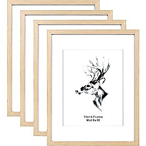 Yaetm 11x14 Picture Frame with Mat for 8x10 Set of 4, Solid Oak Wood Photo Frames with Tempered Glass, 11 x 14 Frames for Horizontal and Vertical Wall Mounting (4 pack, Oak)