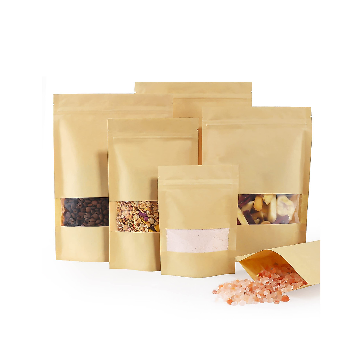 FireKylin 100 Pcs Kraft Paper Bags with Window, 3.5" x 5.5" Stand Up Pouches Bags, Zip Lock Food Storage Bags for Packaging Products, Reusable, Sealable