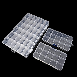 Snowkingdom Plastic Grid Box Storage Organizer Case for Display Collection with Adjustable Dividers - 3 Pack (1pc 36 Grids + 2pc 15 Grids) - Free Letter Stickers