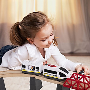 BRINJOY Battery Operated Train Set for Wooden Train Tracks, Powerful Engine Action Locomotive Train (Magnetic Connection) w/Sound for Boys & Girls, Bullet Toy Train Set for Toddlers Ages 3+, White