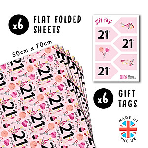 CENTRAL 23 Pink Wrapping Paper for Women - 6 Sheets of Gift Wrap - Party - 21st Wrapping Paper for Her - For Friends or Girlfriend - Age 21 - Comes with Fun Stickers