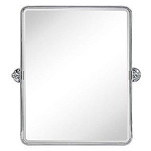 TEHOME 20 x 24 inch Farmhouse Chrome Metal Framed Pivot Rectangle Bathroom Mirror Rounded Rectangluar Tilting Beveled Vanity Mirrors for Wall