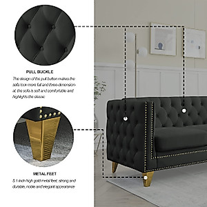 ATUMON Modern 2 Piece 81" 3-Seater Velvet Sofa Set,Buttons Tufted and Square Arm,Inlaid Gold Nail Heads and 4 Golden Metal Legs for Living Room (Black, 81" 3+3 Seat Velvet Sofa Sets)