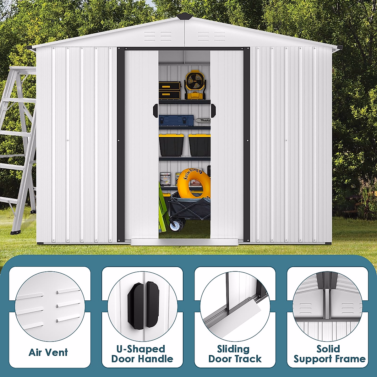 CrownLand Outdoor Vented Backyard Garden Storage Shed 6X8 Feet Tool House with Sliding Door Outdoor Lawn Steel Roof Sheds (White)