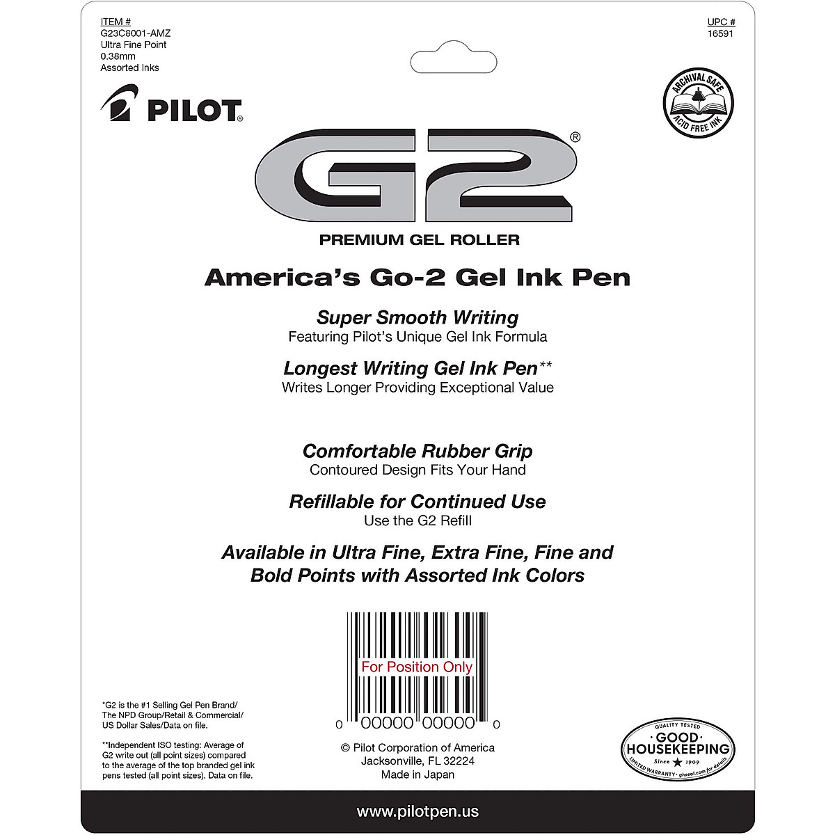 PILOT Pen 16591 G2 Premium Refillable And Retractable Gel Ink Pens, Ultra Fine Point (0.38mm), Black and Blue, 8 Count