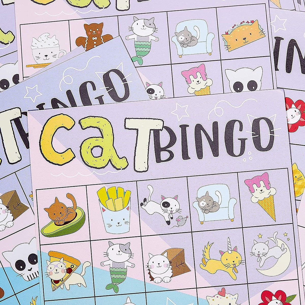 36 Pack Cat Themed Bingo Cards for Girls Birthday Party, Pet Kitten Themed Game with Caller Chips (5x7 in)