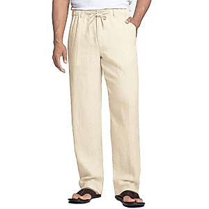 COOFANDY Men's Casual Linen Pants Cotton Elastic Waist Drawstring Trousers Light Khaki, Straight