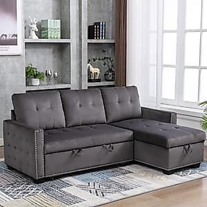Polibi 76.8'' Pull Out Sleeper Reversible Sectional Storage Sofa Bed,Convertible Velvet Corner Sofa Bed and L-Shape 2 Seat Sectional Chaise with Storage,Sleeper Sofa for Living Room,Dark Grey