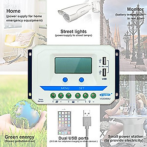 EPever Solar Charge Controller 30A 12V 24V 36V 48V Auto Work Max PV 96V Solar Panel PWM Charge Controller Regulator with LCD Display 2PCs USB Output for Off-Grid Solar System (30A , VS3048AU)