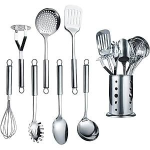 Cooking Utensils Set 8 Piece, Stainless Steel Kitchen Utensils Set with Utensil Holder, Kitchen Tool Set and Caddy