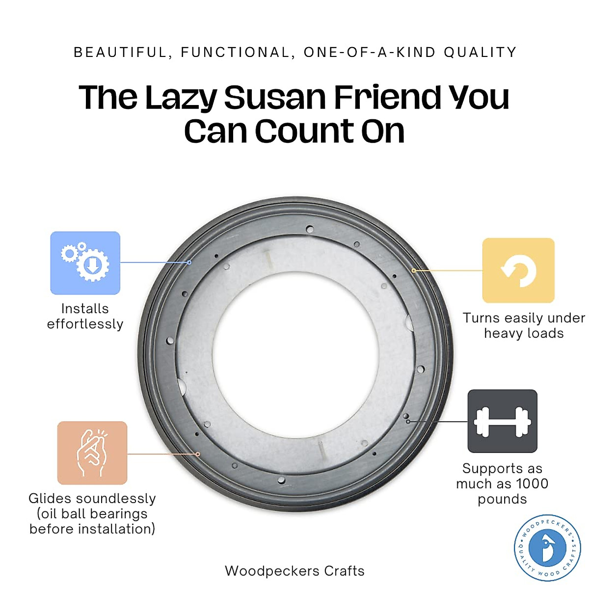 Lazy Susan Hardware, 12 inch, 1,000 lbs. Load Capacity, Pack of 1 Steel Lazy Susan Turntable Ball Bearing, by Woodpeckers